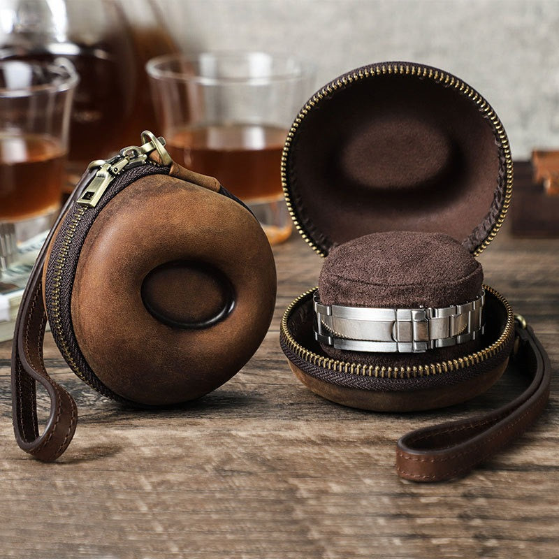 Watch Case Vintage Crazy Horse Leather Donut Portable Single Watch Sto ...